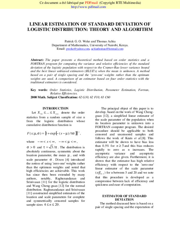 Pdf Linear Estimation Of Standard Deviation Of Logistic Distribution Theory And Algorithm