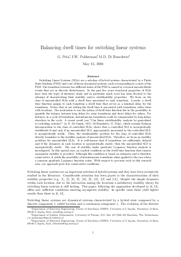 (PDF) Balancing dwell times for switching linear systems