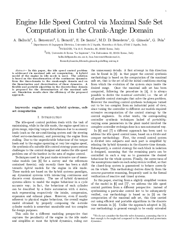 (PDF) Engine idle speed control via maximal safe set computation in the crank-angle domain