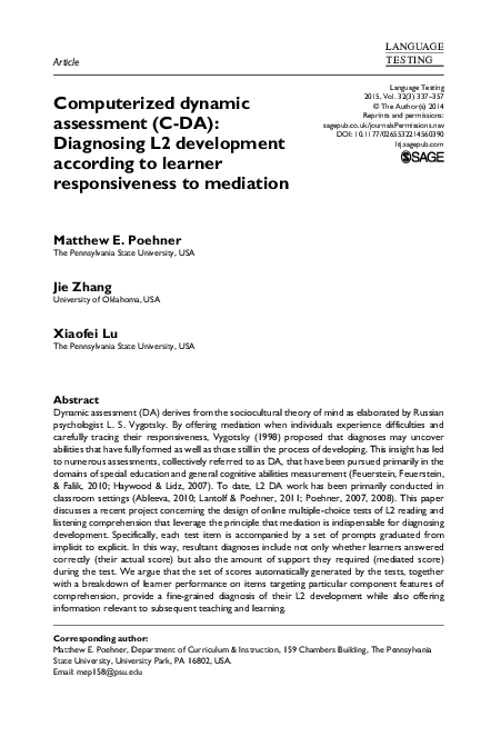 (PDF) Computerized Dynamic Assessment (C-DA): Diagnosing L2 development according to learner ...