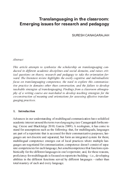 (PDF) Translanguaging in the Classroom: Emerging Issues for Research ...