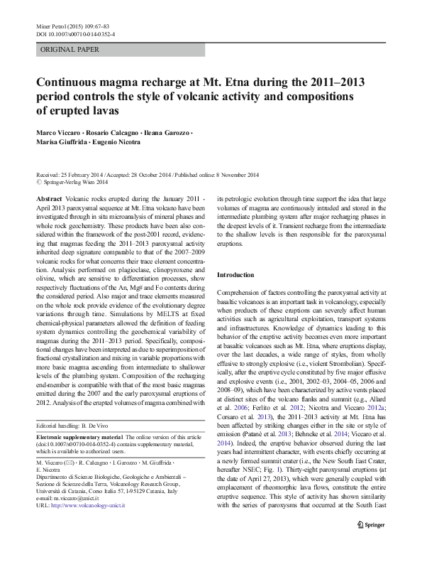(PDF) Continuous magma recharge at Mt. Etna during the 2011–2013 period ...