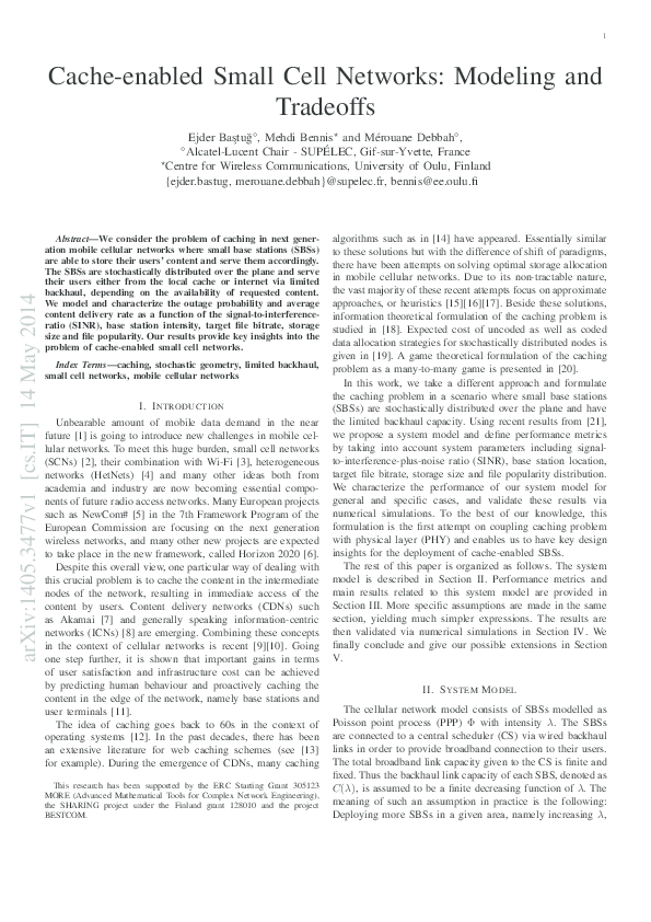 (PDF) Cache-enabled small cell networks: Modeling and tradeoffs