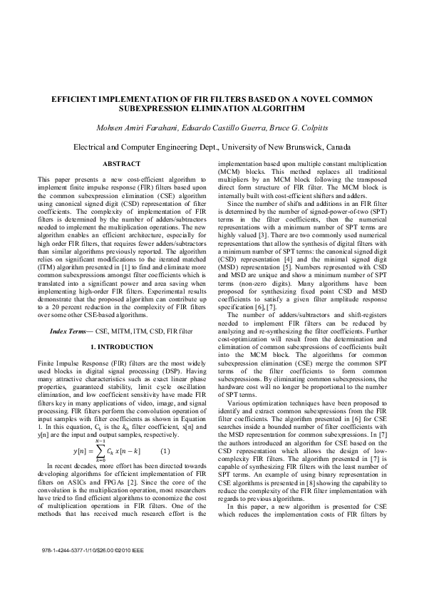 Pdf Efficient Implementation Of Fir Filters Based On A Novel Common