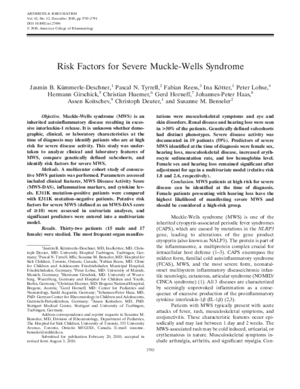 (PDF) Risk factors for severe Muckle-Wells syndrome