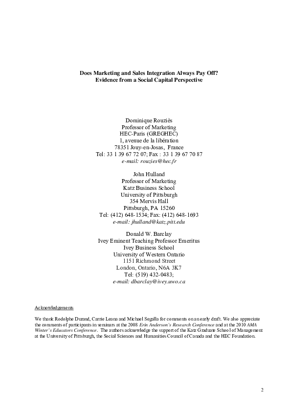 (PDF) Does marketing and sales integration always pay off? Evidence ...