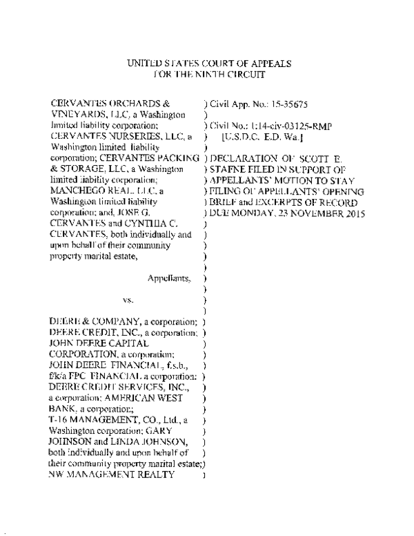 STAFNE DECLARATION IN SUPPORT OF CERVANTES' MOTION TO STAY FILING OF ...