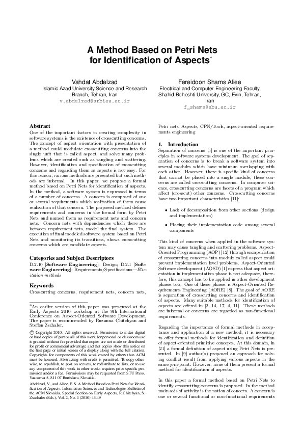 (PDF) A Method Based on Petri Nets for Identification of Aspects