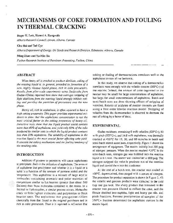 (PDF) Mechanisms of coke formation and fouling in thermal cracking