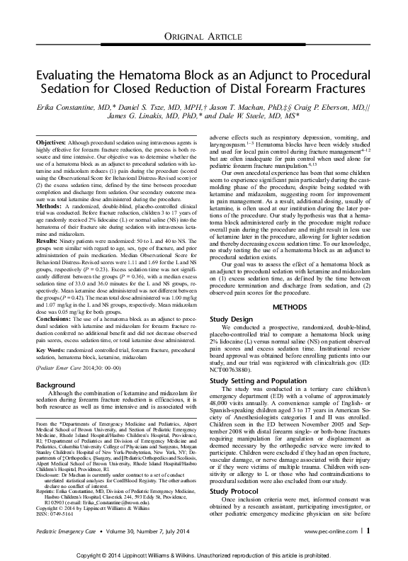 Pdf Evaluating The Hematoma Block As An Adjunct To Procedural Sedation For Closed Reduction Of