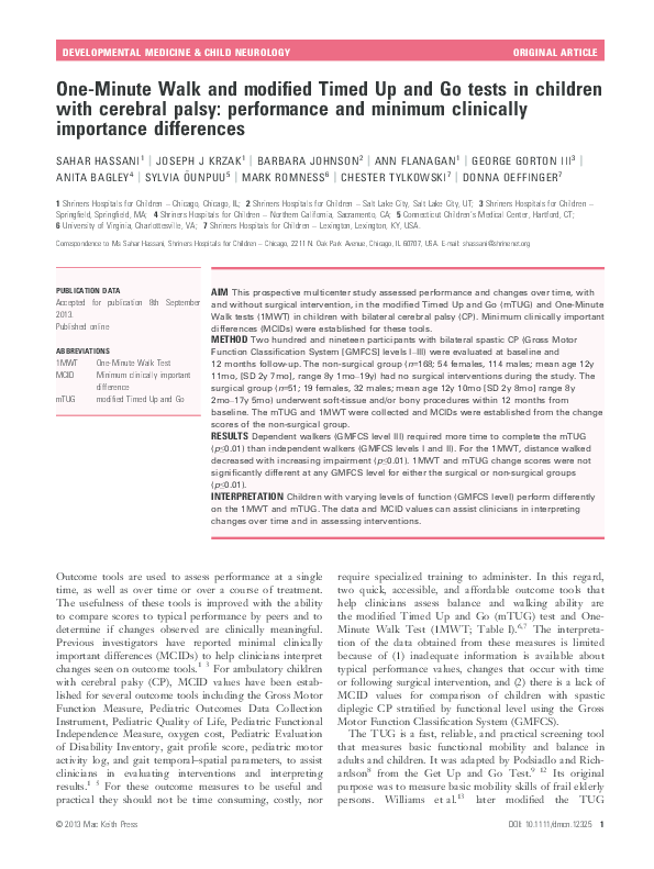 (PDF) One-Minute Walk and modified Timed Up and Go tests in children ...