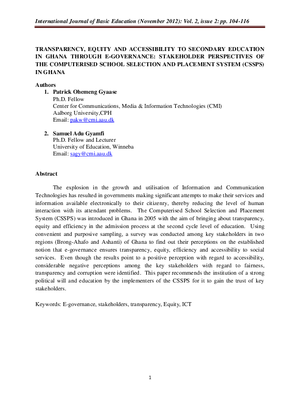 (PDF) TRANSPARENCY, EQUITY AND ACCESSIBILITY TO SECONDARY EDUCATION IN ...