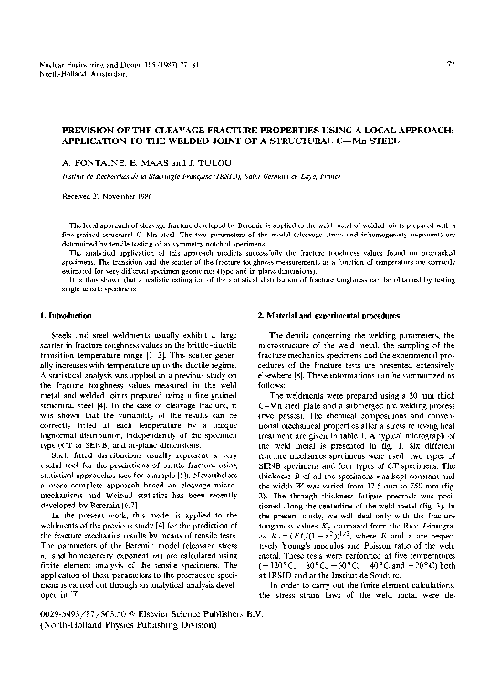 Pdf Prevision Of The Cleavage Fracture Properties Using A Local Approach Application To The