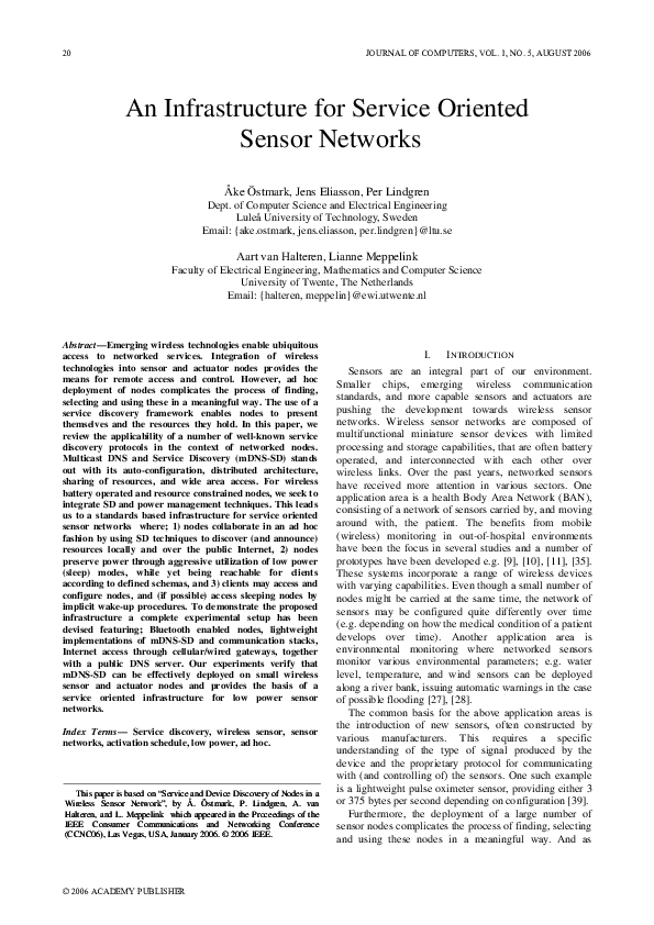 Pdf An Infrastructure For Service Oriented Sensor Networks