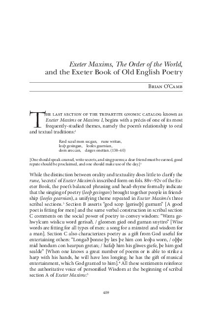 (PDF) Exeter Maxims, The Order of the World, and the Exeter Book of Old ...