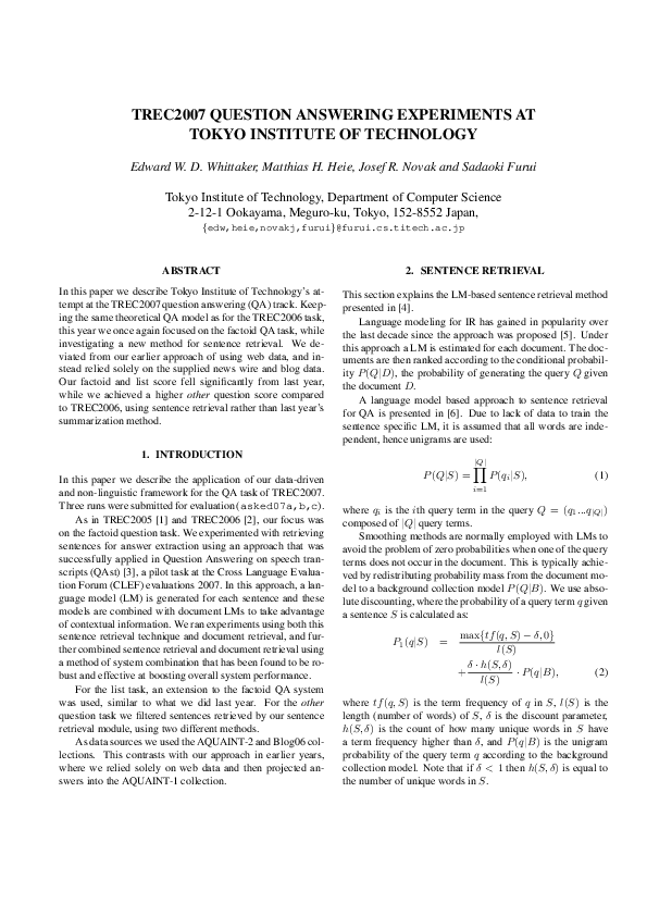 (PDF) TREC 2007 Question Answering Experiments at Tokyo Institute of ...
