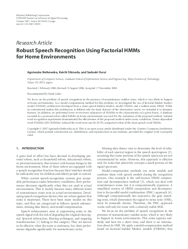 (PDF) Robust Speech Recognition Using Factorial HMMs for Home Environments