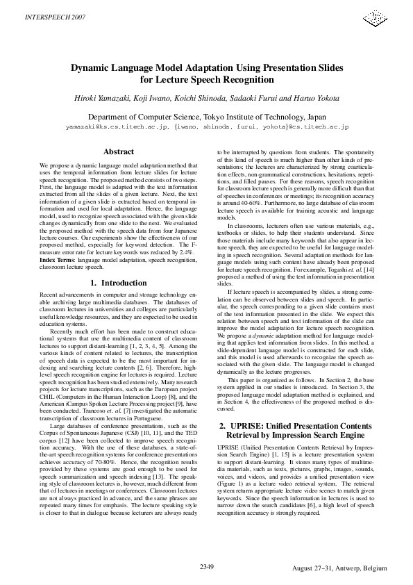 Pdf Dynamic Language Model Adaptation Using Presentation Slides For Lecture Speech Recognition