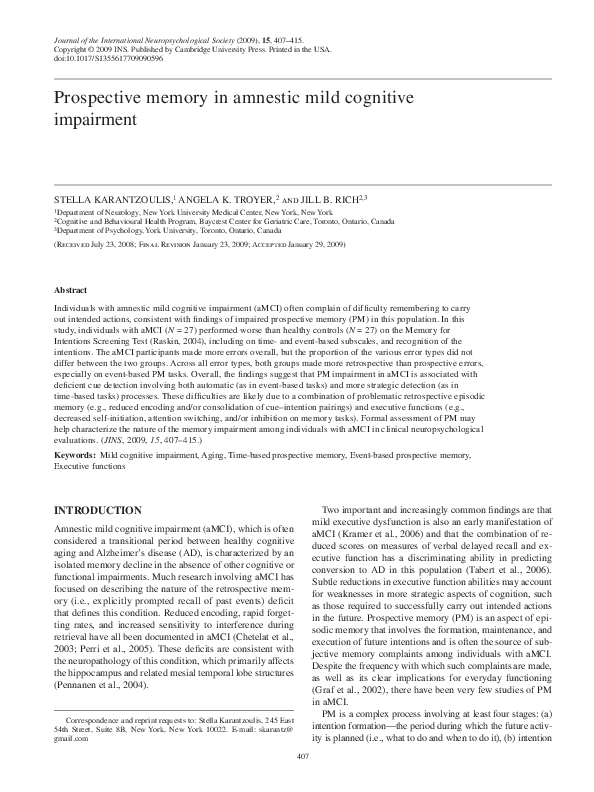 (PDF) Mild cognitive impairment and prospective memory: translating the evidence into ...