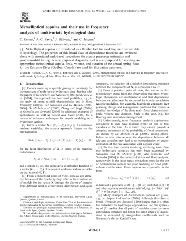 (PDF) Metaelliptical copulas and their use in frequency analysis of multivariate hydrological data