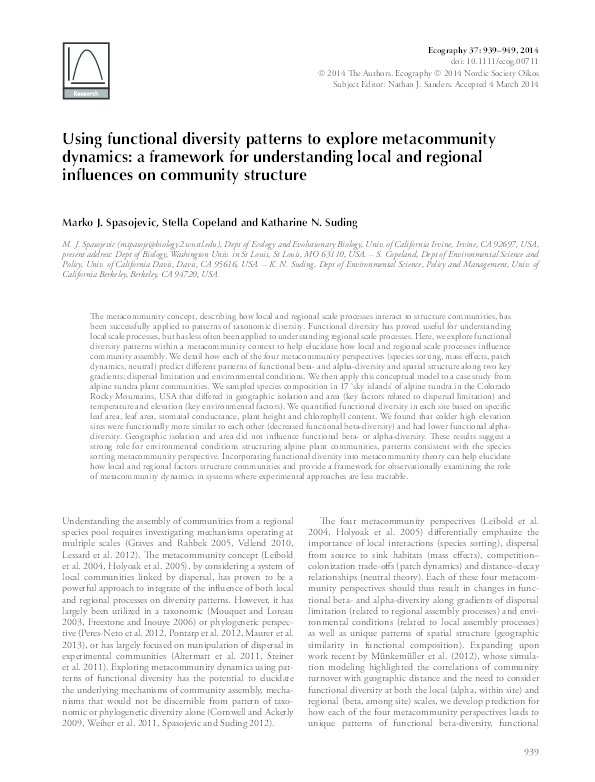 (PDF) Using functional diversity patterns to explore metacommunity dynamics: a framework for ...