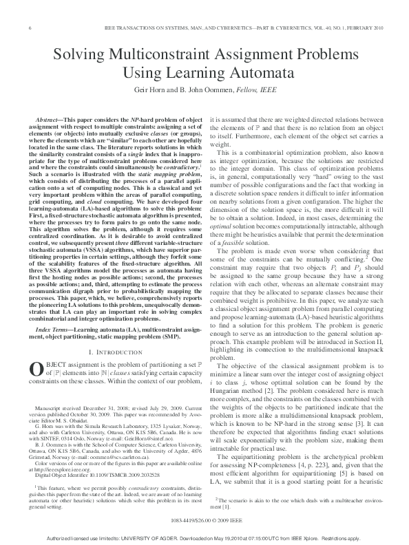 Pdf Solving Multiconstraint Assignment Problems Using Learning Automata