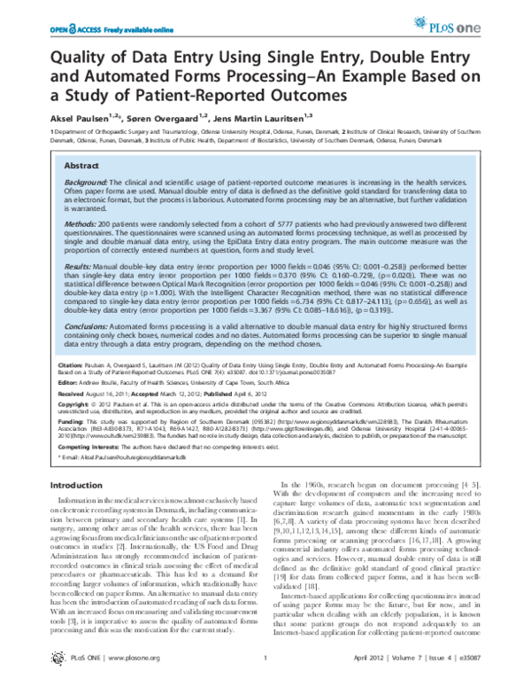 (PDF) Quality of Data Entry Using Single Entry, Double Entry and ...