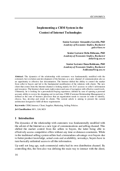 (PDF) Implementing a CRM System in the Context of Internet Technologies ...