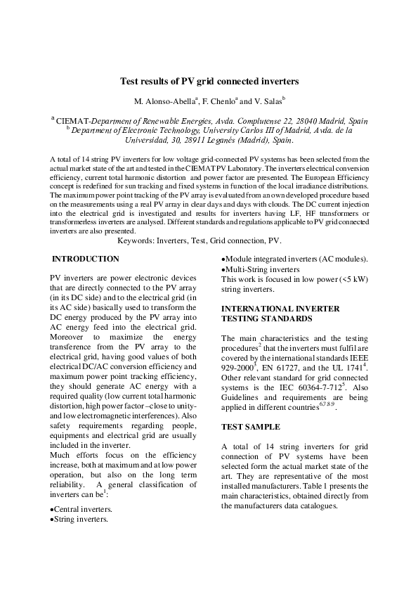 (PDF) Test results of PV grid connected inverters