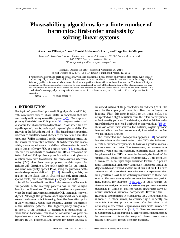 (PDF) Phase-shifting algorithms for a finite number of harmonics: first-order analysis by ...