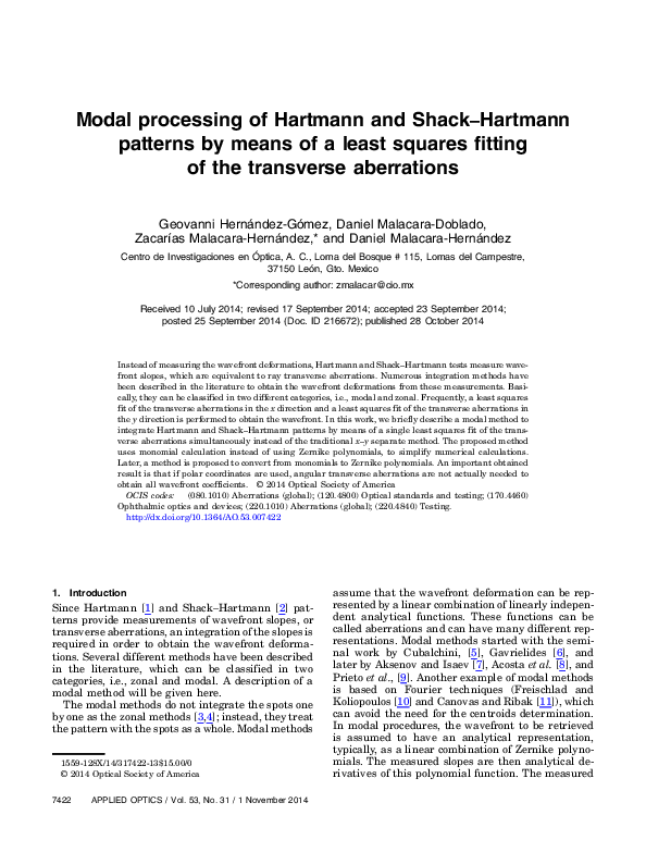 Pdf Modal Processing Of Hartmann And Shackhartmann Patterns By Means