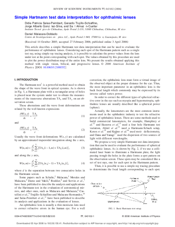 (PDF) Simple Hartmann test data interpretation for ophthalmic lenses