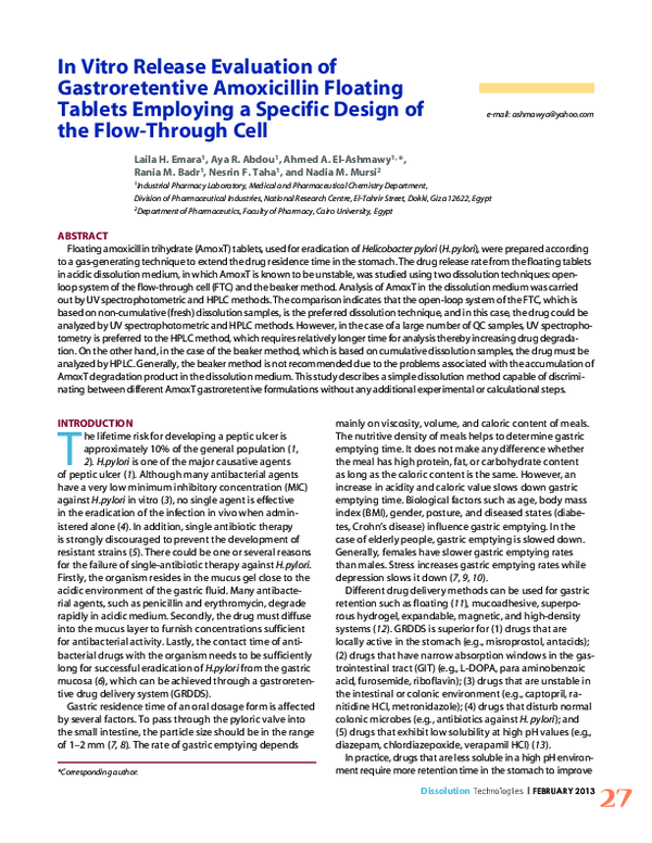 Pdf In Vitro Release Evaluation Of Gastroretentive Amoxicillin Floating Tablets Employing A
