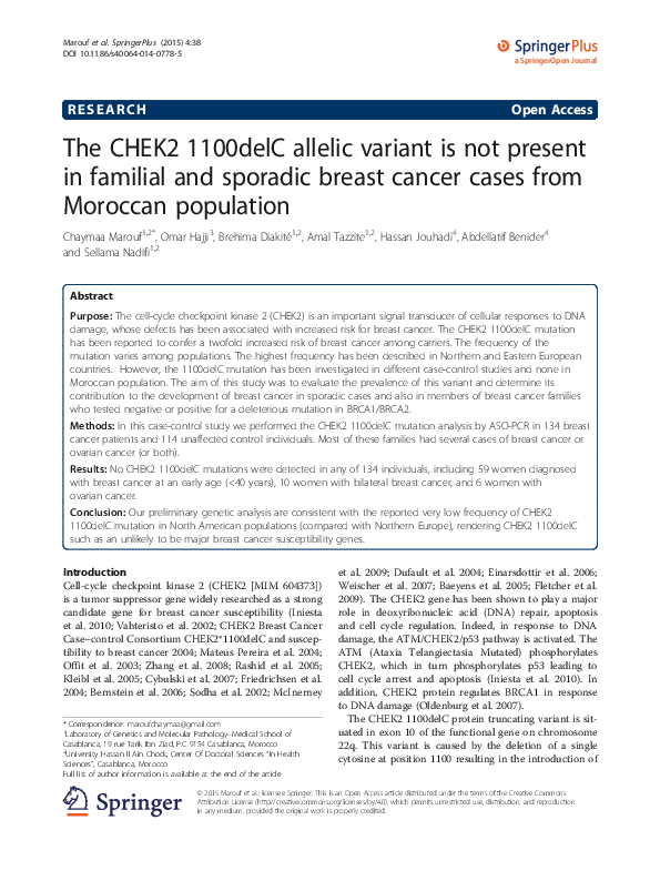 (PDF) The CHEK2 1100delC allelic variant is not present in familial and sporadic breast cancer ...