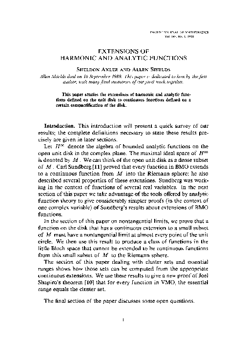 (PDF) Extensions of harmonic and analytic functions