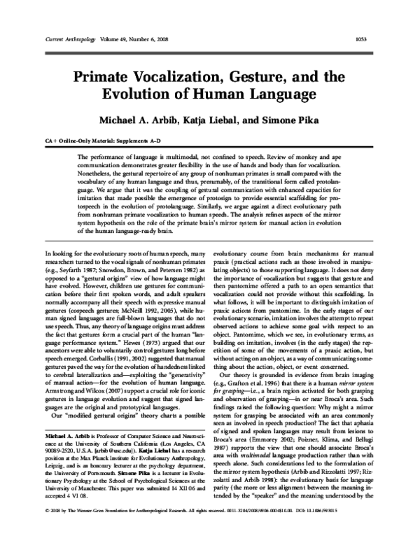 (PDF) Primate Vocalization, Gesture, and the Evolution of Human Language