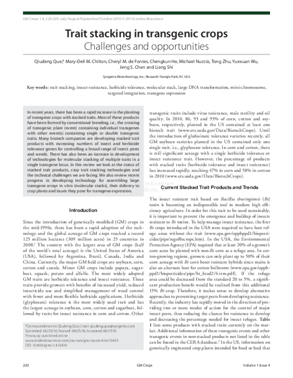 (PDF) Trait stacking in transgenic crops: Challenges and opportunities