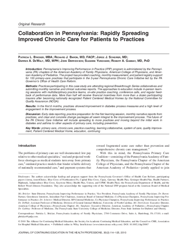 (PDF) Collaboration in Pennsylvania: Rapidly spreading improved chronic ...