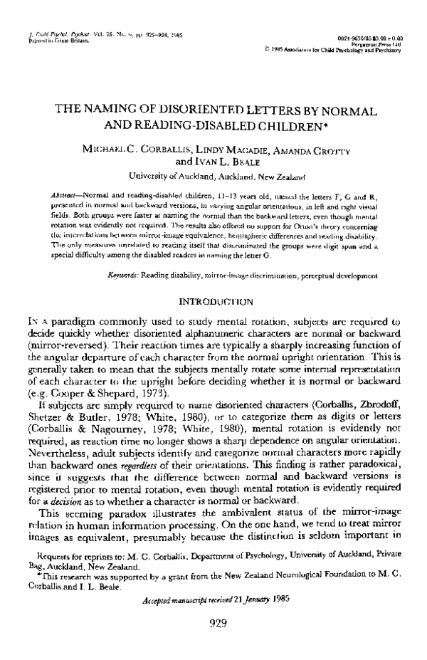 (PDF) THE NAMING OF DISORIENTED LETTERS BY NORMAL AND READING-DISABLED ...