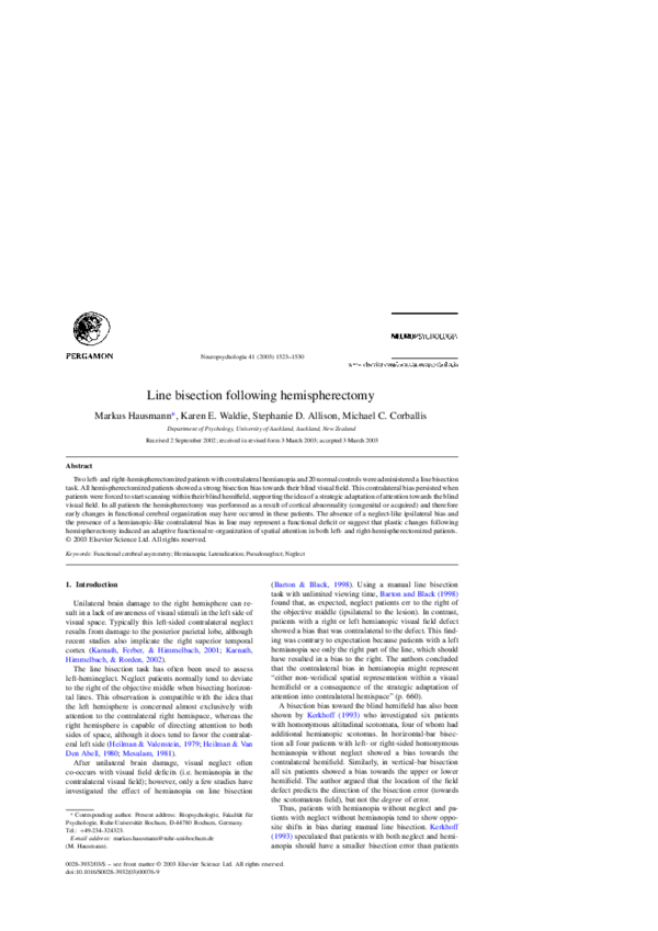 (PDF) Line bisection following hemispherectomy | Michael Corballis ...