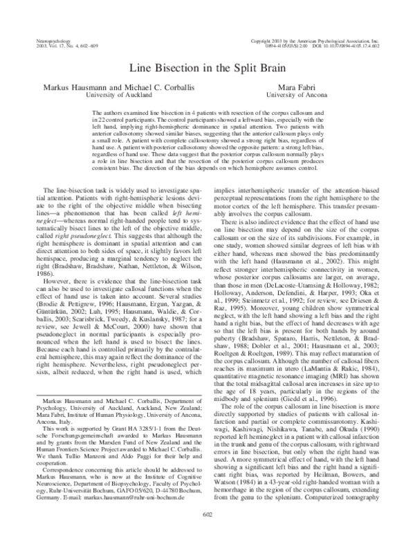 (PDF) Bias in Line Bisection After Corpus Callosotomy
