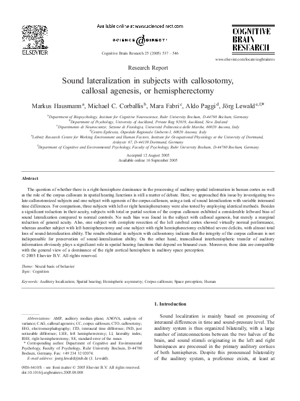(PDF) Sound lateralization in subjects with callosotomy, callosal ...