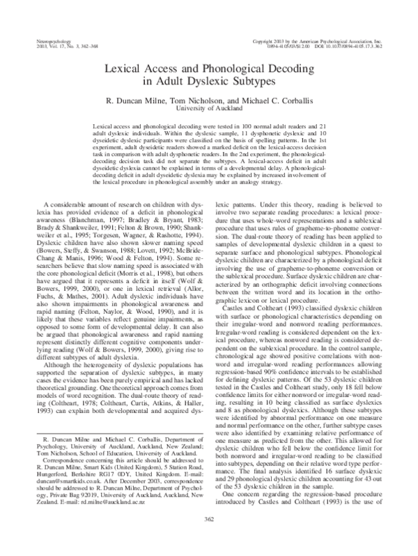 (PDF) Lexical access and phonological decoding in adult dyslexic subtypes