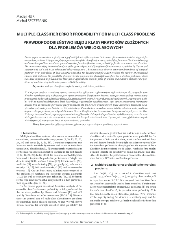 (PDF) Multiple classifier error probability for multi-class problems