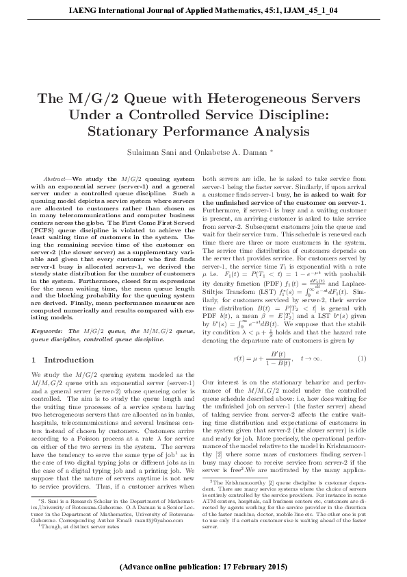 (PDF) The M/G/2 Queue with Heterogeneous Servers Under a Controlled Service Discipline ...