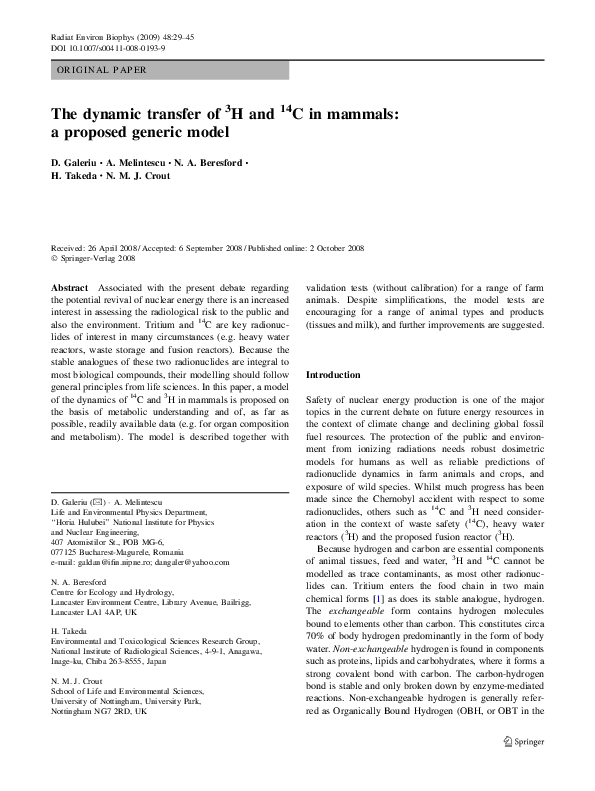 (PDF) The dynamic transfer of 3H and 14C in mammals: a proposed generic ...