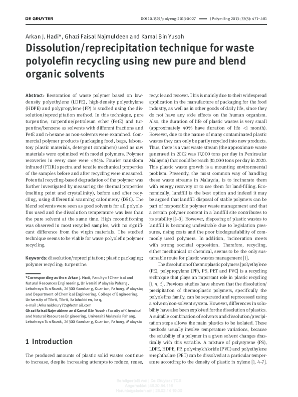 (PDF) Dissolution/reprecipitation technique for waste polyolefin ...