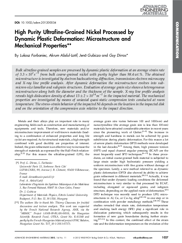 (PDF) High Purity Ultrafine-Grained Nickel Processed by Dynamic Plastic ...