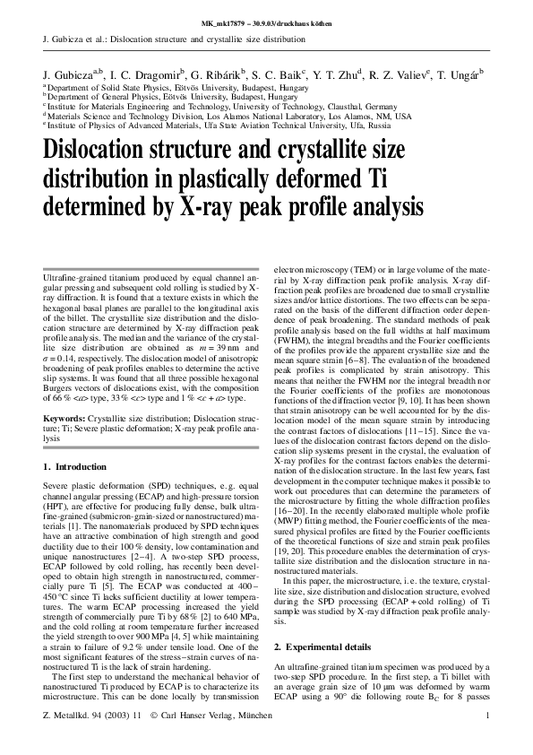 (PDF) Dislocation structure and crystallite size distribution in ...