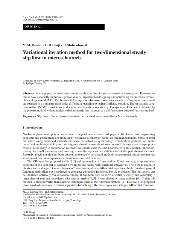 (PDF) Variational iteration method for two-dimensional steady slip flow in micro-channels
